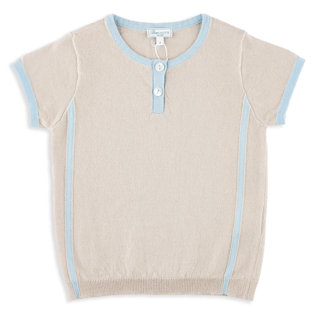 Granada Henley Shirt in Sandstone with Ice Blue Trim – Bea Colette