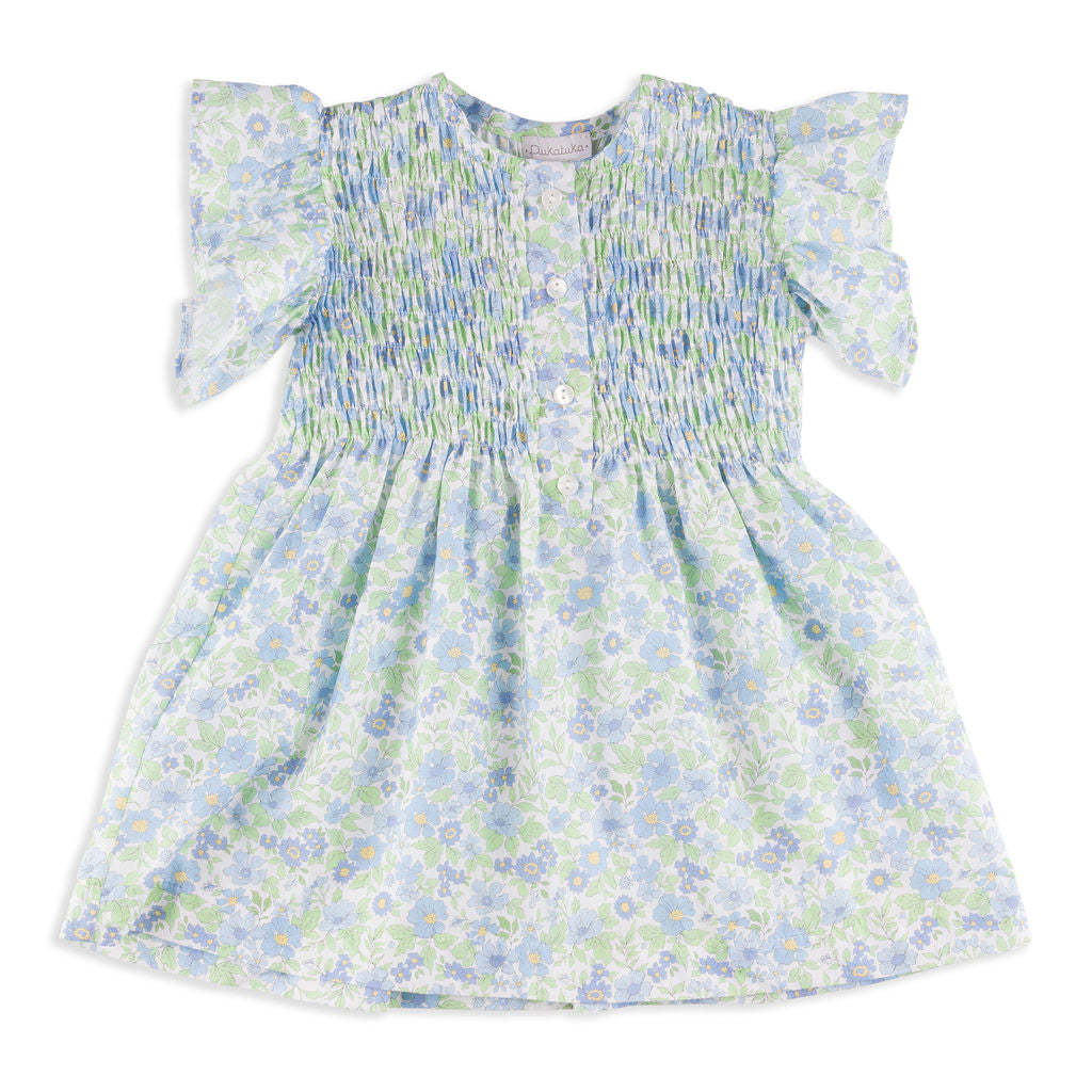 Poppy Smocked Dress in Watercolor Blue + Green Floral – Bea Colette